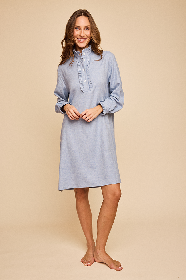 Long Ruffle Sleep Shirt Blue Herringbone Flannel | The Sleep Shirt